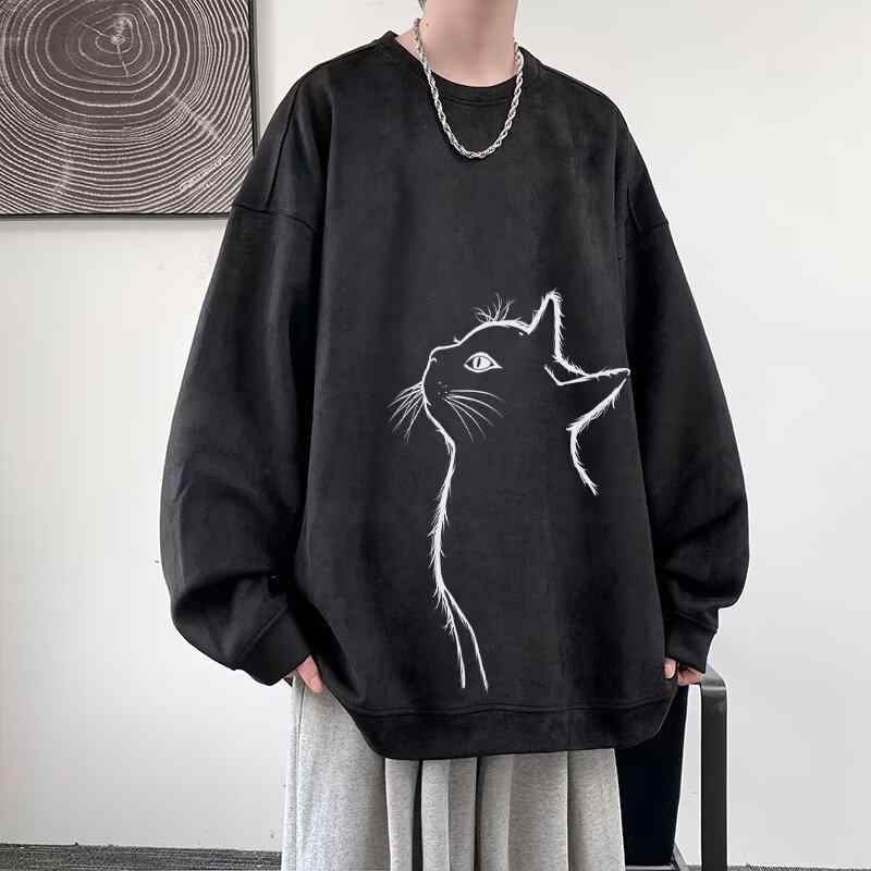 スウェット メンズ 秋冬 猫 プリント 厚手 暖かい ポリエステル ゆったり 長袖 トレーナー プルオーバー トップス ストリート カジュアル かわいい カンガルーポケット ピンク系 ブラック カーキ グリーン 杏色 グレー