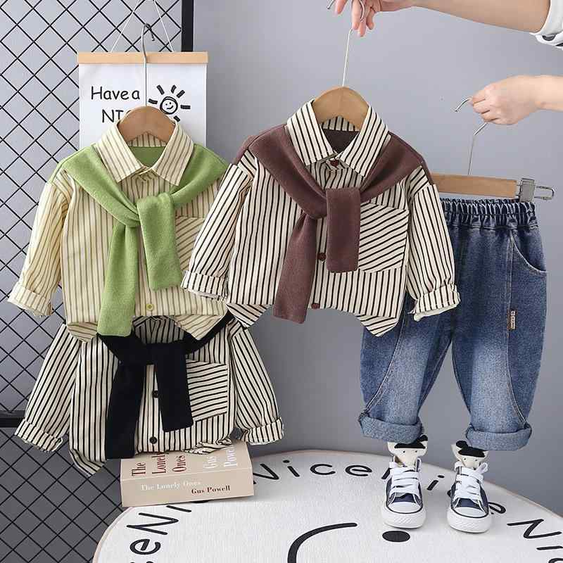 子供服 ストライプ 長袖シャツ スカーフ付き 上下セット 春秋 ベビー服 男の子 女の子 幼児 トップス パンツ 2点セット かわいい 韓国 ブラウン ブラック グリーン・スタイル: 韓国・セット内容: トップス.パンツ・対象: 男女兼用・...