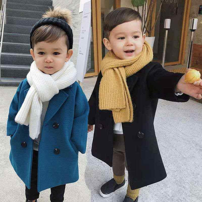 子供服 コート 男の子 ウール 中長丈 アウター 韓国 チェック 無地 ブラック カーキ グリーン ブルー 90cm 100cm 110cm 120cm 130cm ポリエステル 秋冬・性別: 男児・対象年齢: 中小児(3~8歳.100~1...