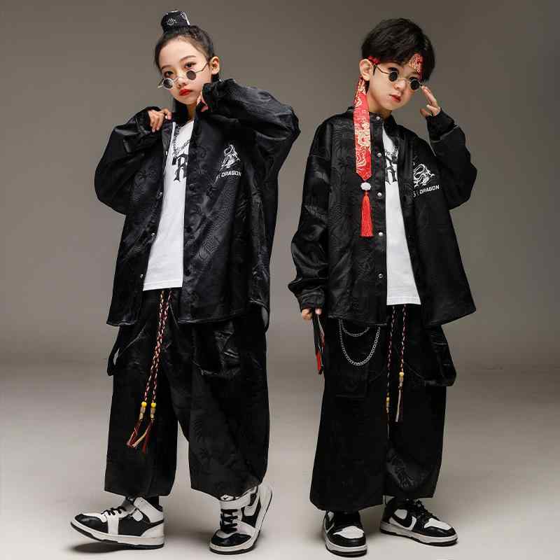 子供用ダンス衣装 子供用漢服 チャイナスタイル パフォーマンスウェア 男の子 女の子 龍柄 ストリートダンスウェア 上下セット 綿 秋・対象: 男女兼用・ダンスの種類: 練習・風・主な生地の成分: 綿95%・レベル: B類・カラー: 2点セ...