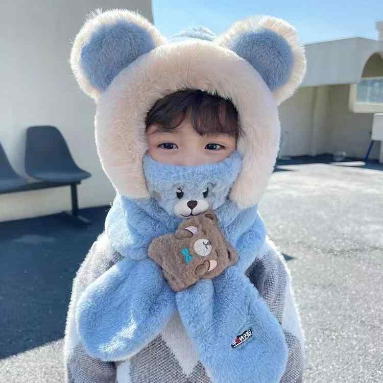 帽子 キッズ ベビー 女の子 ニット帽 秋冬 防寒 保温 かわいい うさぎ耳付き 赤ちゃん 幼児 围巾 一体型 ブルー ピンク イエロー ベージュ ブラウン