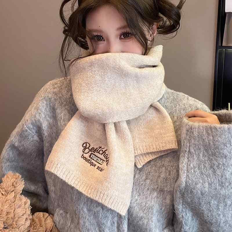 マフラー レディース 秋冬 厚手 刺繡ロゴ ニット ストール メンズ 防寒 保温 大判 ショール タッチ ベージュ系