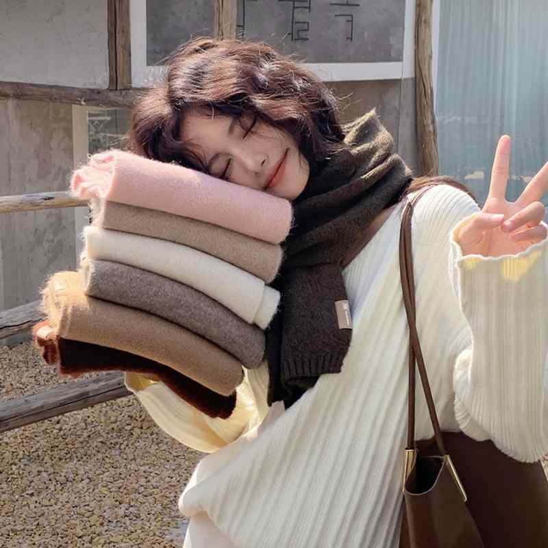 マフラー 男女兼用 ウール ニット 無地 秋冬 保温 寒さ対策 アーミーグリーン オフホワイト ベージュ ネイビー