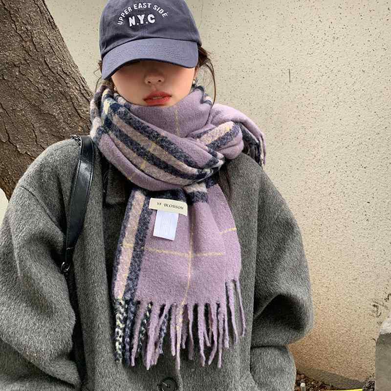マフラー レディース メンズ 格子柄 厚手 大判 フリンジ付き 秋冬 防寒 ショール ストール 暖かい 学生 あったか 紫色 深棕色 緑 赤 ブルーグレー ベージュ カーキ・編み方: 経編・流行要素: フリンジ・機能: 保温・スタイル: カ...