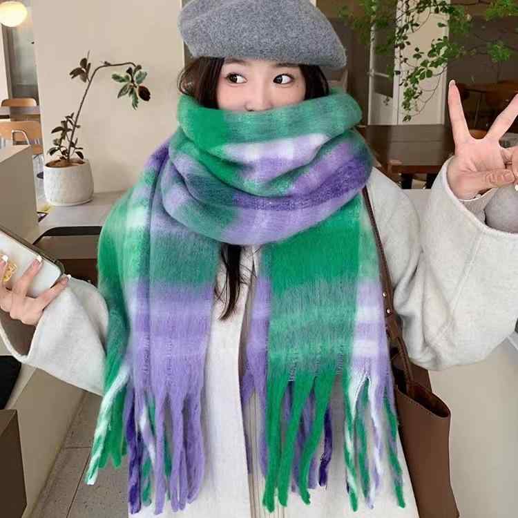 2個セットマフラー レディース メンズ チェック柄 厚手 暖かい ストール ショール 秋冬 学生風 韓国 紫緑 黒灰 カーキ 軍緑 200cm 民族風・機能: 保温・スタイル: 韓国・カラー: 紫緑格・カラー: 黒灰格・カラー: カーキ格・...