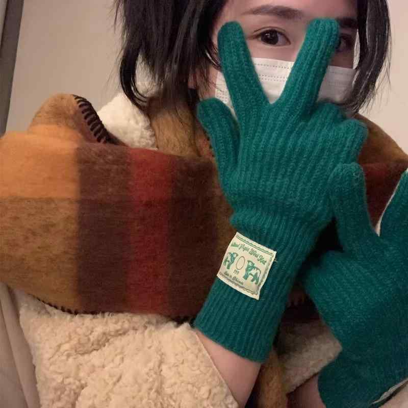 手袋 レディース ニット手袋 五本指 スマートフォン対応 防寒 秋冬 学生 自転車 運転 黒 緑 グレー ベージュ ピンク系・機能: 保温.防風・タイプ: 分指・カラー: ブラック.グリーン.グレー.ベージュ.ピンク・素材: アクリル・スタ...