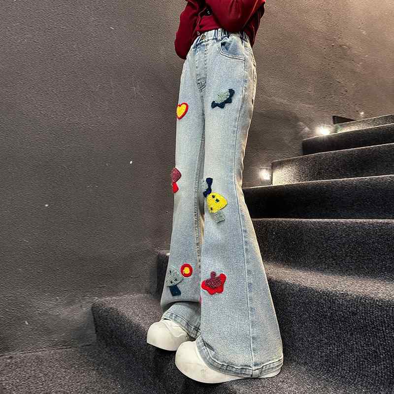 子供服 デニムパンツ 女の子 春物 デニム ワイドパンツ ストレートパンツ ガールズ ロングパンツ 普段着 通学着 コットン 伸縮性 ブルー 120cm 130cm 140cm 150cm 160cm 170cm