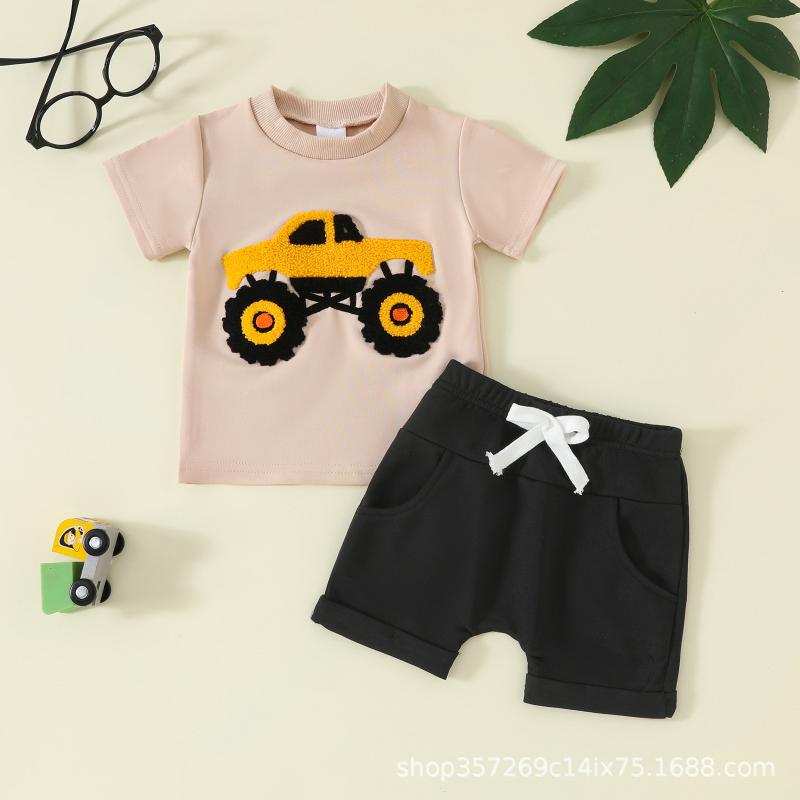 3個セット子供服 男の子用 上下セット 夏服 半袖 Tシャツ 短パン 2点セット 幼児 ベビー服 綿73％ 80 90 100cm カジュアル スポーティー かわいい 杏色 黒 青 緑・対象: 男の子