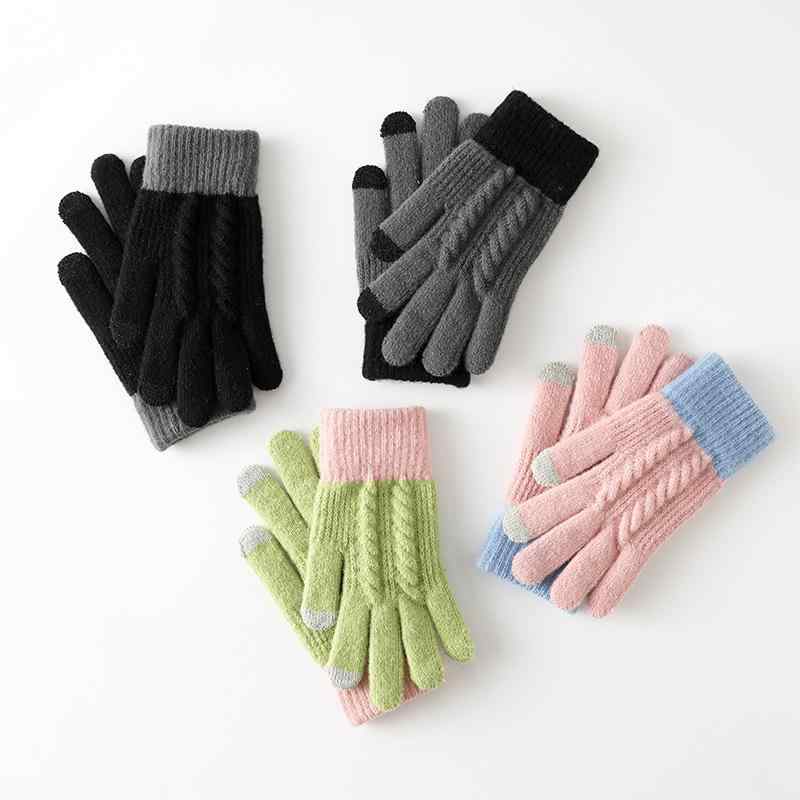 2個セット手袋 レディース メンズ 防寒手袋 冬用 厚手 裏起毛 ケーブル編み ニット スマホ対応 黒 深グレー ピンク系 薄緑