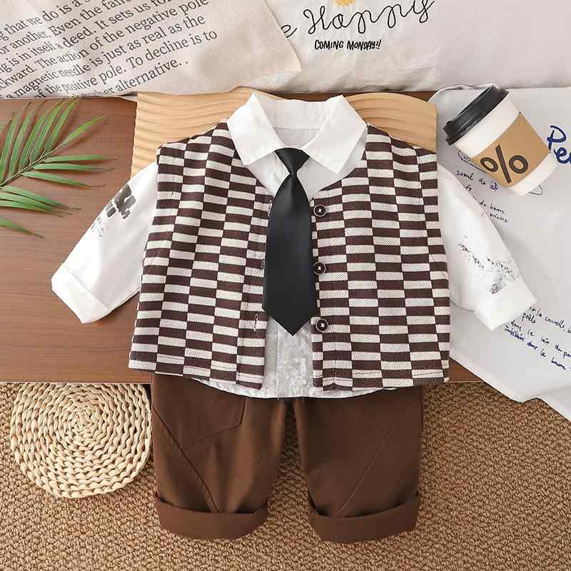 子供用スーツ 春秋物 チェック柄 ベスト 長袖シャツ 蝶ネクタイ 3点セット 綿80% 80cm 90cm 100cm 110cm 120cm 男の子 フォーマル カジュアル 普段着・対象: 男女兼用・スタイル: 韓国・セット内容: パンツ...