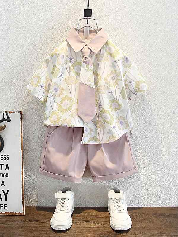 キッズ 半袖シャツ パンツ セットアップ 子供服 上下セット 綿 薄手 夏服 男の子用 花柄プリント 襟付き トップス 半ズボン 通園 通学 お出かけ