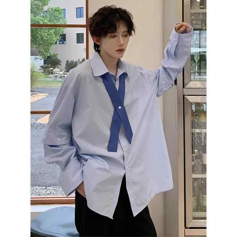 シャツ メンズ 長袖 クロスネクタイ 取り外し可能袖 カジュアル トップス コットン ブルー M L XL XXL・素材: 綿91-95%.化繊混紡・スタイル: 港風・対象年齢: 18-24歳・タイプ: カーディガン・フィット: ルーズ・襟...