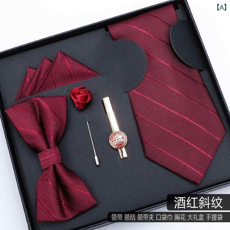 ネクタイ メンズ フォーマル ビジネス 結婚式 新郎 蝶ネクタイ ハンカチ ネクタイピン 5点セット ウール ストライプ ワインレッド系 ブルー系