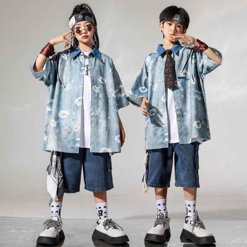 子供服 セットアップ キッズ ダンス 衣装 ヒップホップ 男の子 花柄 シャツ ハーフパンツ 女の子 舞台 演出服 綿 春夏:[{