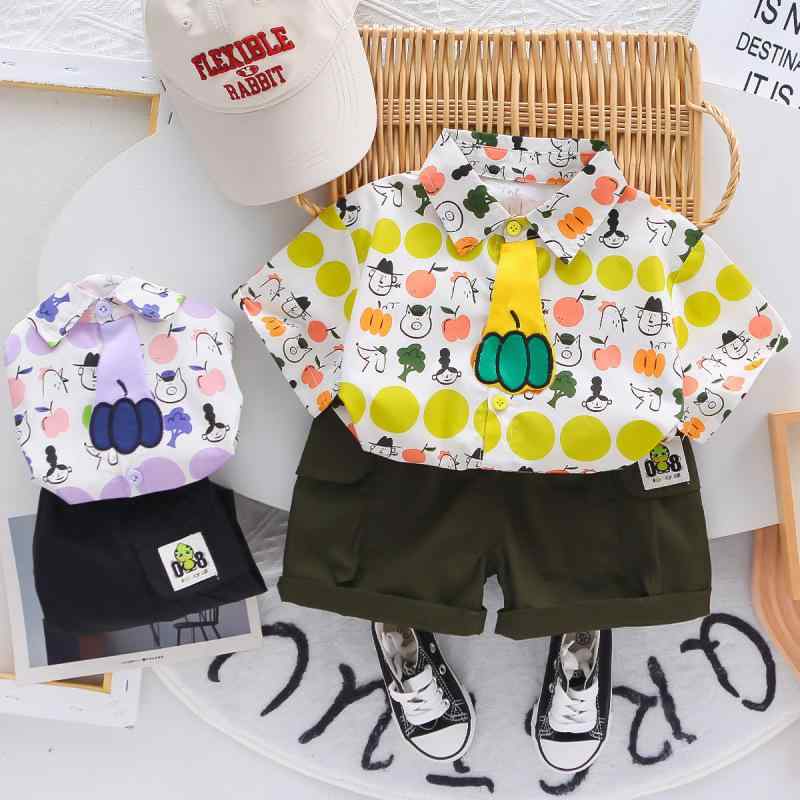 キッズ 夏服 セットアップ 半袖シャツ ショートパンツ 2点セット 子供服 ベビー服 男の子 幼児 薄手 綿 かわいい おしゃれ 保育園着 普段着 イエロー パープル系