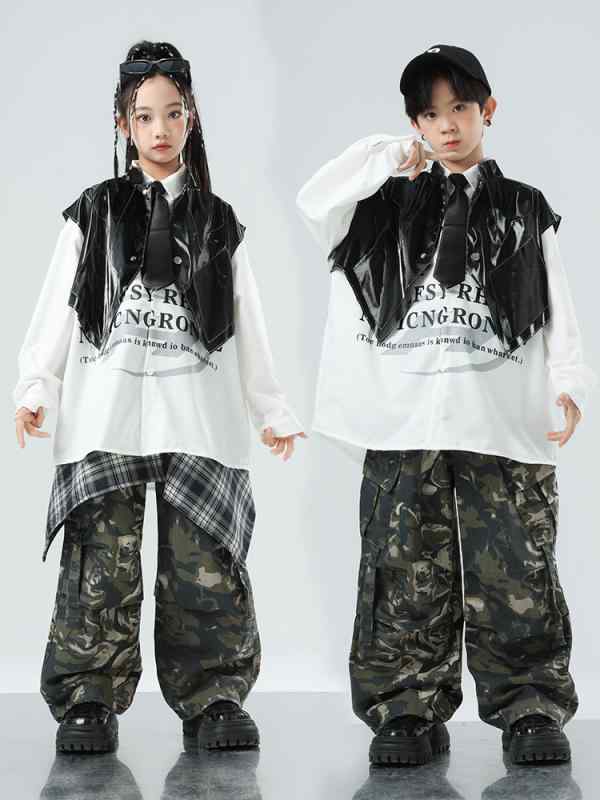 子供用ダンス衣装 女の子 男の子 ストリートダンス ヒップホップ セットアップ 演出服 舞台衣装 発表会 イベント トップス パンツ ジャケット 迷彩柄 格子柄 綿混紡 春秋