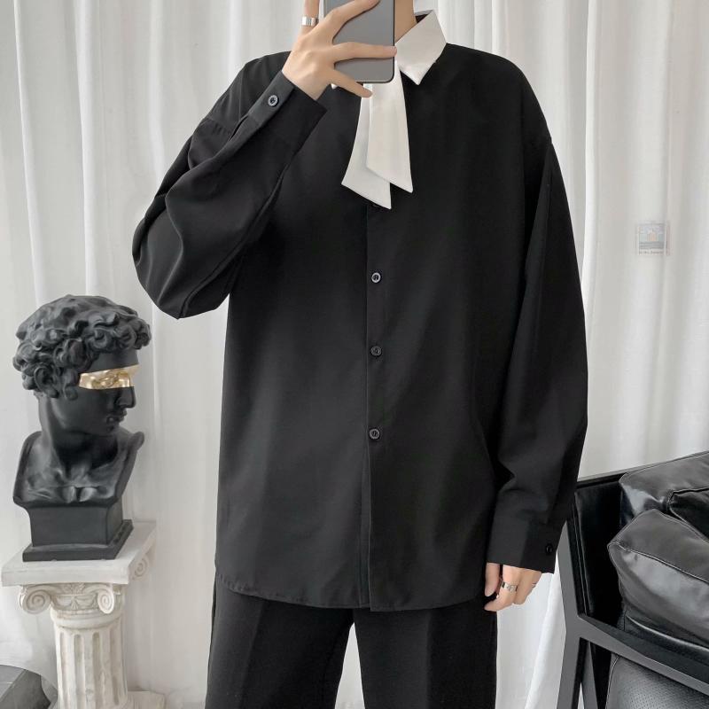 シャツ メンズ 蝶ネクタイ付き 配色 長袖 ポリエステル トップス ブラウス 春秋 カジュアル 韓国 立襟 ホワイト ブラック ブルー・カテゴリ: シャツ