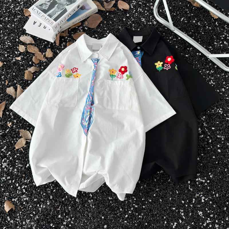 シャツ メンズ 男性用 花柄 刺繍 半袖 ポリエステル トップス 学院風 薄手 ホワイト ブラック