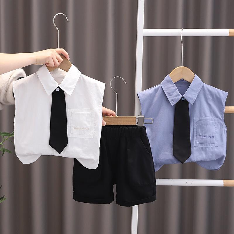 子供用シャツ 2点セット 半袖 短パン 韓国 男の子 夏服 コットン トップス 80 90 100 110 120 ホワイト ブルー・対象: 男児・スタイル: カジュアル・セット内容: トップス.ボトムス・袖丈: 半袖・パンツ丈: ショート...