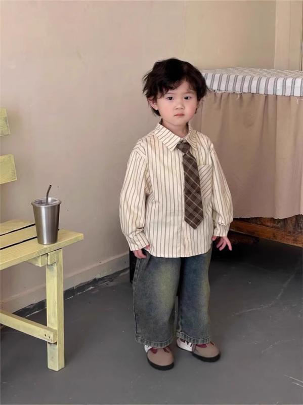 シャツ 子供服 長袖 ストライプ柄 韓国 おしゃれ かわいい 男女兼用 学院風 カジュアル 襟付き トップス 綿