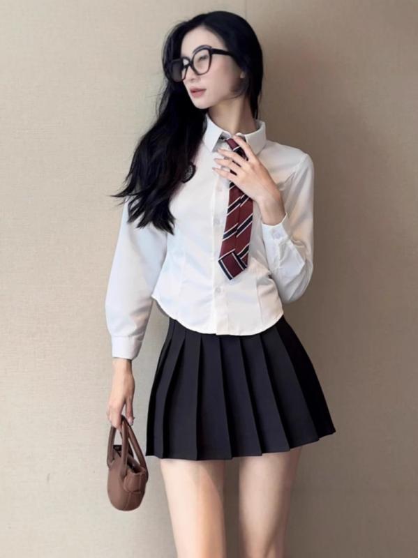 セットアップ レディース 長袖シャツ プリーツスカート 制服風 S M L XL アクリル ポリエステル 白シャツ 黒スカート 紺シャツ 茶色スカート 高腰 清楚系 きれいめ