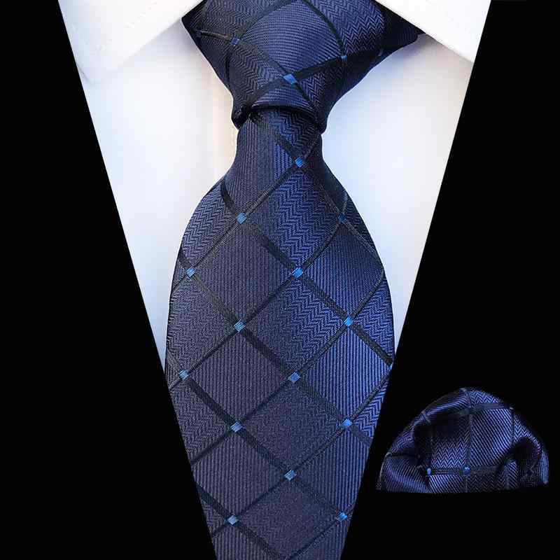 ネクタイ 男性用 ポリエステル 格子柄 8cm幅 フォーマル ビジネス カジュアル 領巾 ハンカチ セット