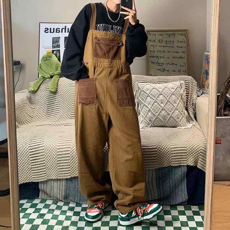 オーバーオール メンズ 男性用 日本製 レトロ オレンジ ブラウン 切り替え バイカラー ワークパンツ ワイド ストレート 9分丈 デニム 綿 コットン ゆったり 普段使い・スタイル: 港風・対象: 24-35歳・種類: サロペット・パンツ...