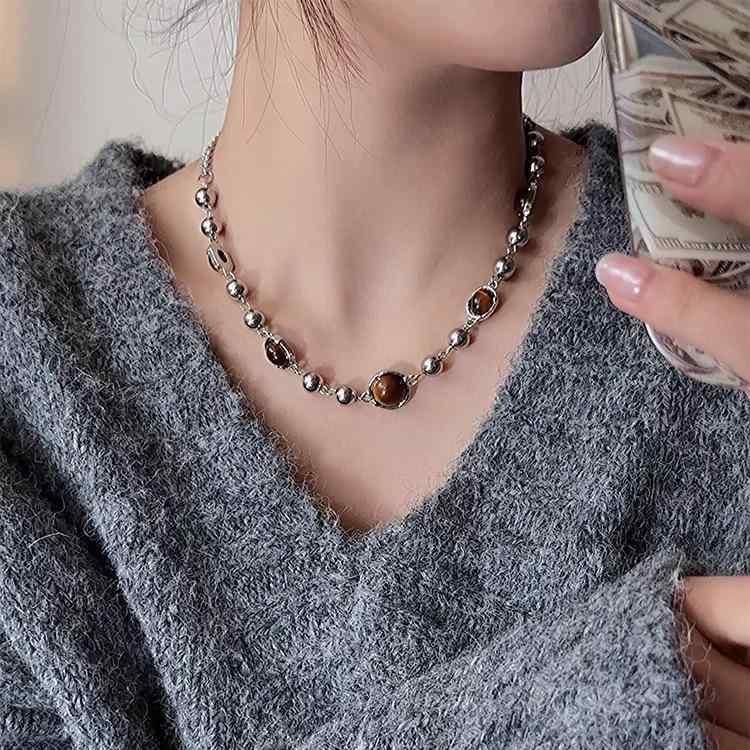 ネックレス レディース メンズ 虎眼石 ビーズ チタン鋼 鎖骨 豪華感 おしゃれ アクセサリー