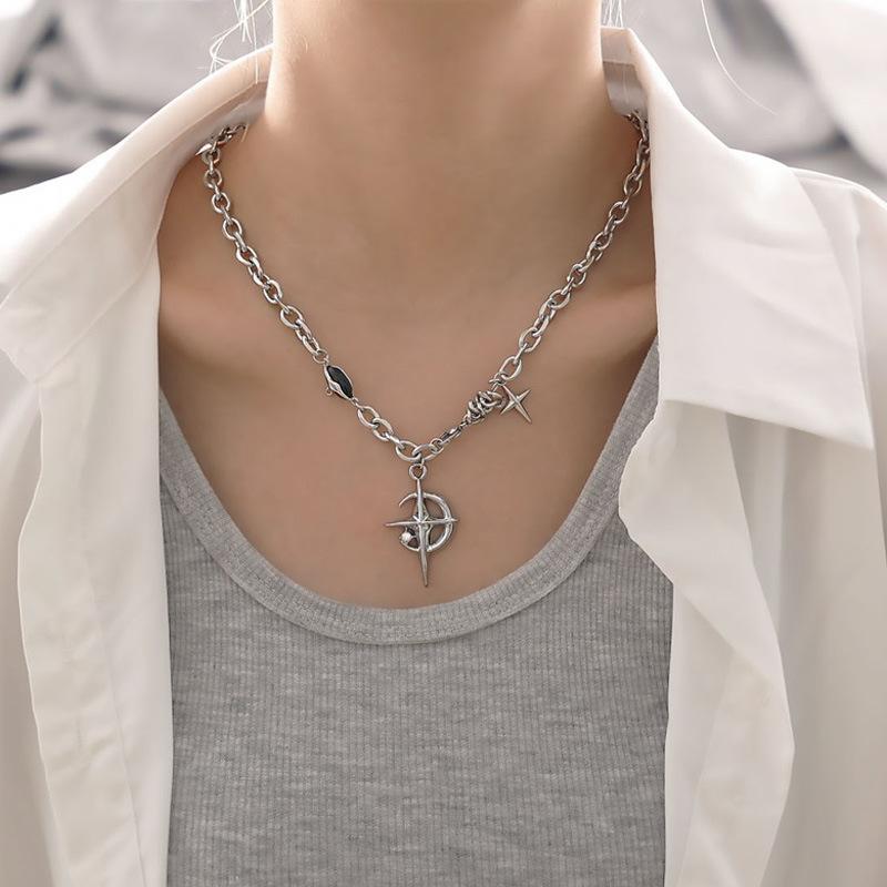 ネックレス メンズ レディース 黒曜石風 芒星 十字架 チタン鋼製 ヒップホップ ストリート ペンダント ネックレス