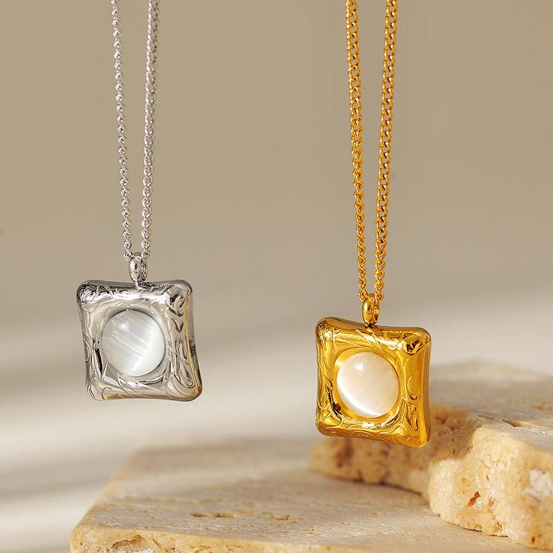 ネックレス ユニセックス 猫眼石 鎖骨チェーン ステンレス ペンダント エレガント スタイリッシュ O字チェーン 中性風 個性派 アクセサリー ゴールド/シルバー