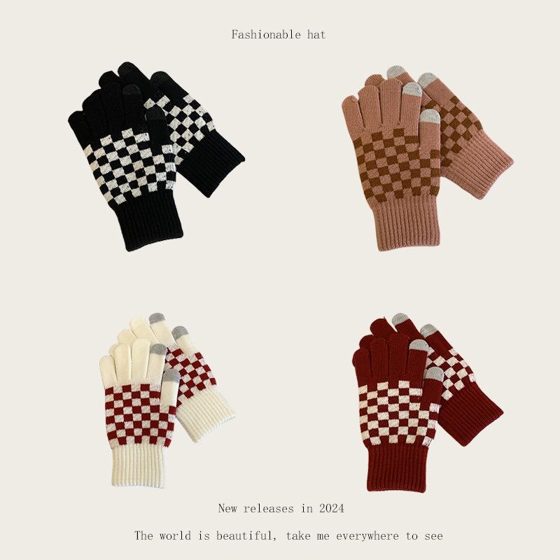 2個セット手袋 レディース メンズ 格子柄 五本指 グローブ スマートフォン対応 薄手 秋冬 防寒 暖かい 自転車 ニット 黒 白 赤 緑・機能: タッチスクリーン.保温・スタイル: 指あり手袋・カラー: ブラック.ホワイト.レッド.グリー...