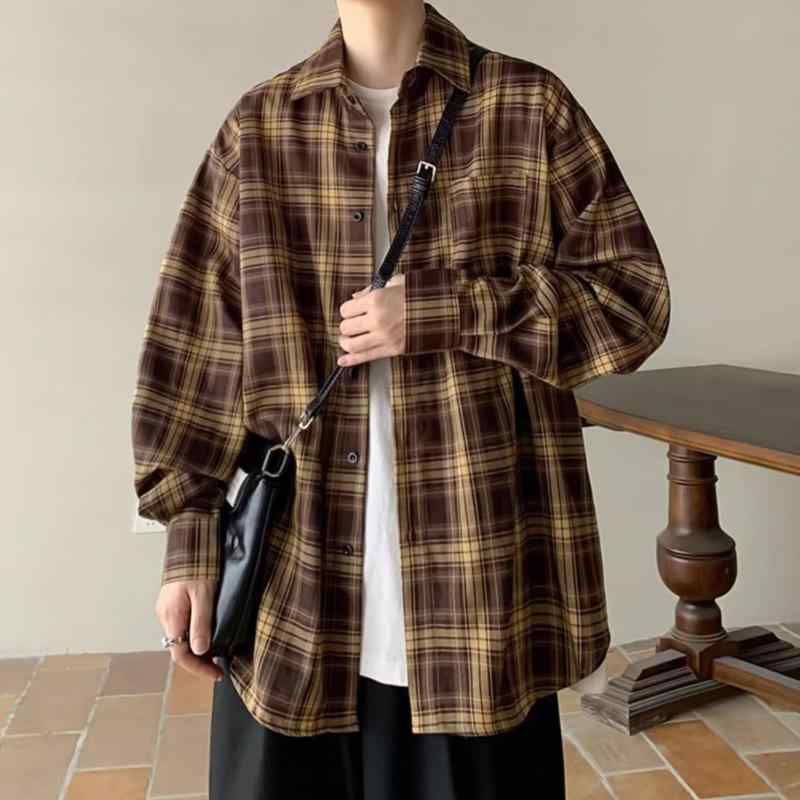 シャツ メンズ 男性用 格子柄 ネルシャツ 長袖 ルーズフィット オープンカラー スプリング サマー ポリエステル ブルー ブラウン・素材: ポリエステル・スタイル: 無性別・対象: 青少年.成人・タイプ: カーディガン・フィット: ゆった...