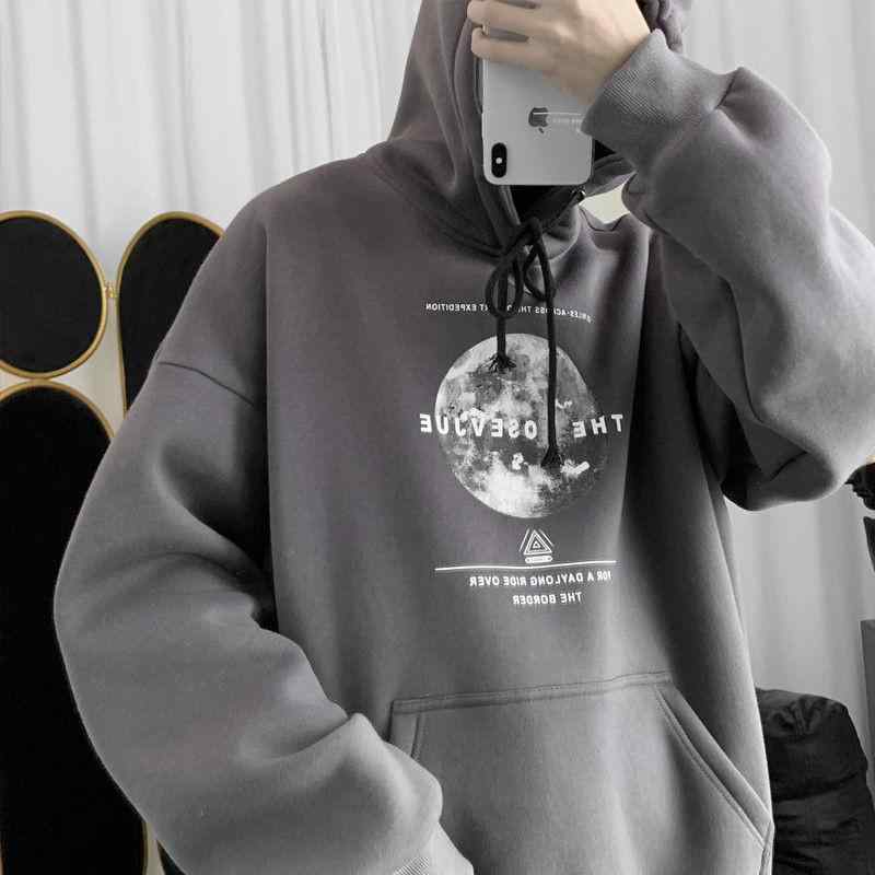 パーカー メンズ 男性用 裏起毛 スウェット プルオーバー 秋冬 韓国 ルーズフィット ストリート カジュアル トップス ポリエステル プリント 深グレー 黒・スタイル: 韓国・対象年齢: 18-24歳・タイプ: プルオーバー・フード: 有...