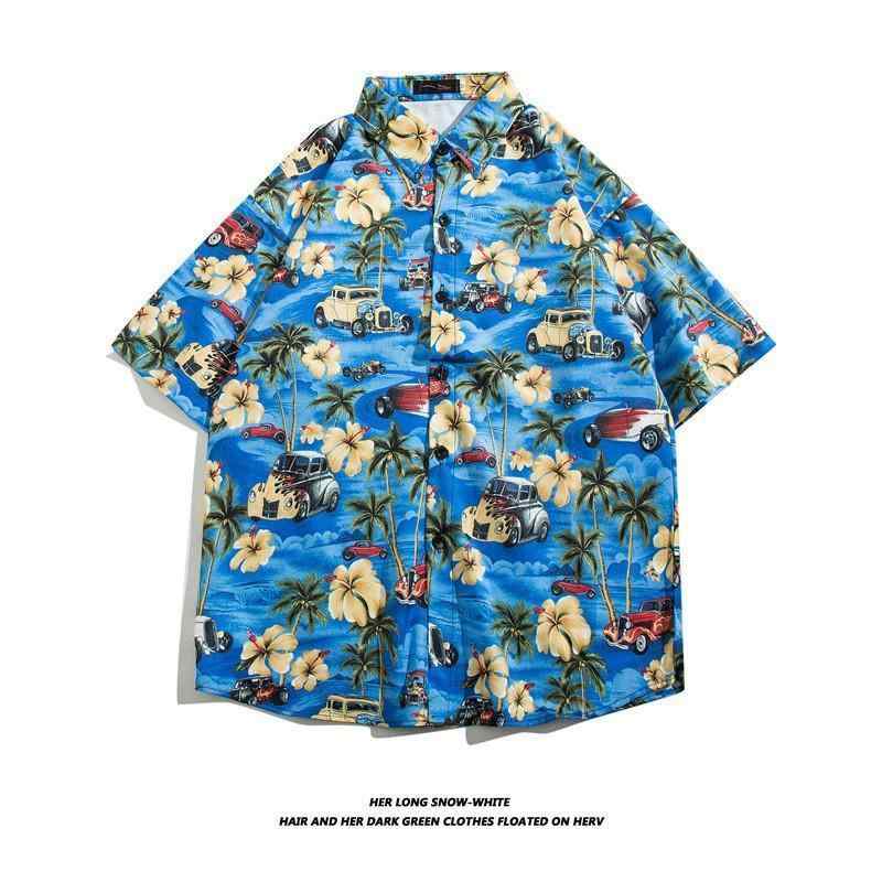 シャツ メンズ アロハシャツ 半袖 コットン混紡 トップス 夏 春夏 ビーチウェア カジュアル リゾートウェア ホワイト ブルー系