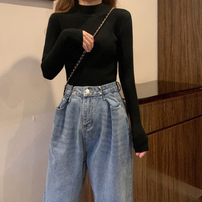 ニット レディース トップス 春秋 薄手 長袖 インナー セーター ハーフネック タイト 無地 ホワイト カーキ ブラック・素材: 化繊混紡.ポリエステル・柄: 無地・・スタイル: プルオーバー・フィット: スリム・袖丈: 長袖・ネックライ...