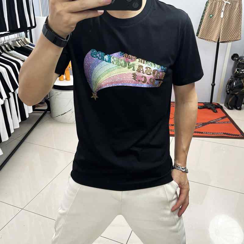 Tシャツ メンズ 半袖 シルケットコットン スリムフィット 韓国 カジュアル トップス ロゴプリント 春夏 ブラック ホワイト