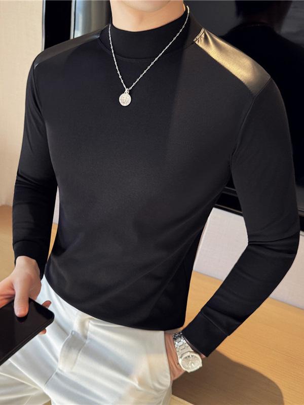 Tシャツ メンズ 男性用 秋冬 肩切り替え ハーフハイネック 長袖 スリムフィット コットン 綿 プルオーバー トップス カットソー 黒・スタイル: 軽熟カジュアル・柄: ストライプ・タイプ: プルオーバー・ネックライン: ラウンドネック・...