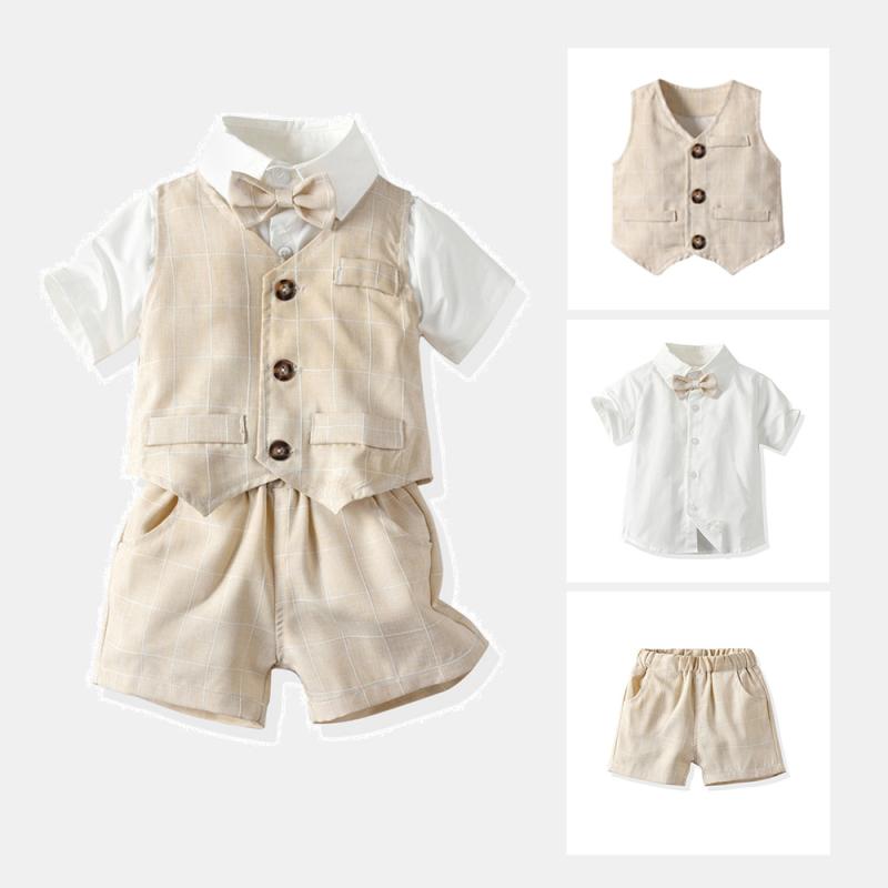 キッズ 男の子用 半袖シャツ 短パン 上下セット チェック柄 蝶ネクタイ付き コットン 普段着 部屋着 グレー 80cm 90cm 100cm 110cm 120cm 130cm・対象: 男の子・スタイル: ・セット内容: トップス.ボトム...