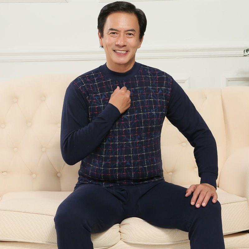 メンズ 保温インナー 上下セット 綿 厚手 パジャマ 肌着 秋冬 格子柄 ラウンドネック M L XL 2XL 3XL 4XL 紺色 紫 グレー・素材: 綿・主な素材: 綿・機能: 発熱..保温.抗ピリング・対象: メンズ・柄: 格子柄・ス...
