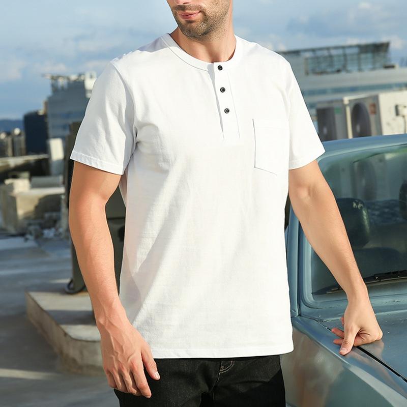 Tシャツ メンズ 半袖 コットン ヘンリーネック カットソー プルオーバー 無地 トップス 白 黒 紺 綿 カジュアル スタイル