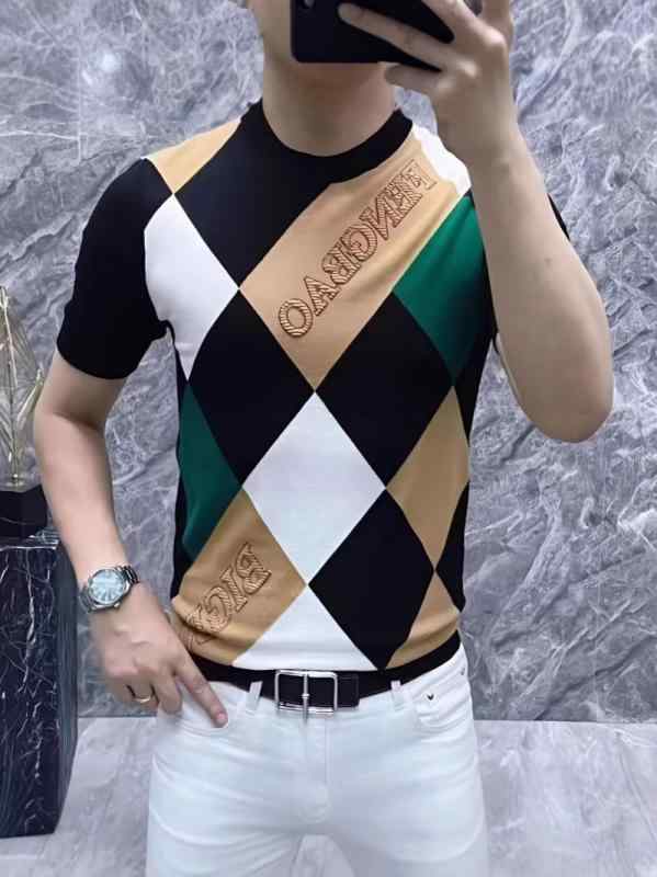 Tシャツ メンズ 男性用 接触冷感 半袖 トップス スリムフィット カジュアル 普段使い ブルー 青 グレー グレー 杏色 ポリエステル・スタイル: ベーシック・柄: 格子・フィット: スリム・対象: 若者・デザイン: プルオーバー・ネック...