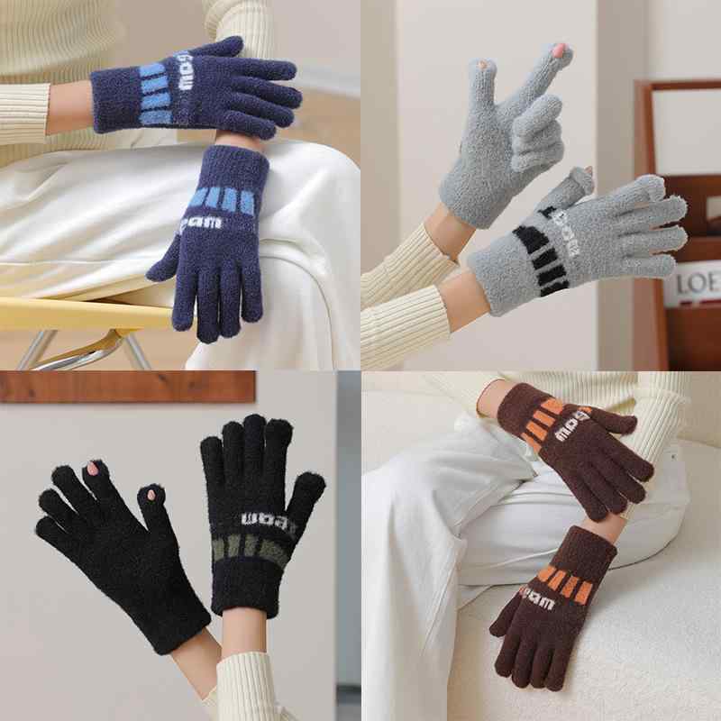 手袋 メンズ 男性用 防寒 グローブ ニット 5本指 タッチパネル対応 秋冬 保温 アルファベット柄 学生 あったか 暖かい 黒 ブラック 紺 ネイビー 青 ブルー 茶 ブラウン グレー