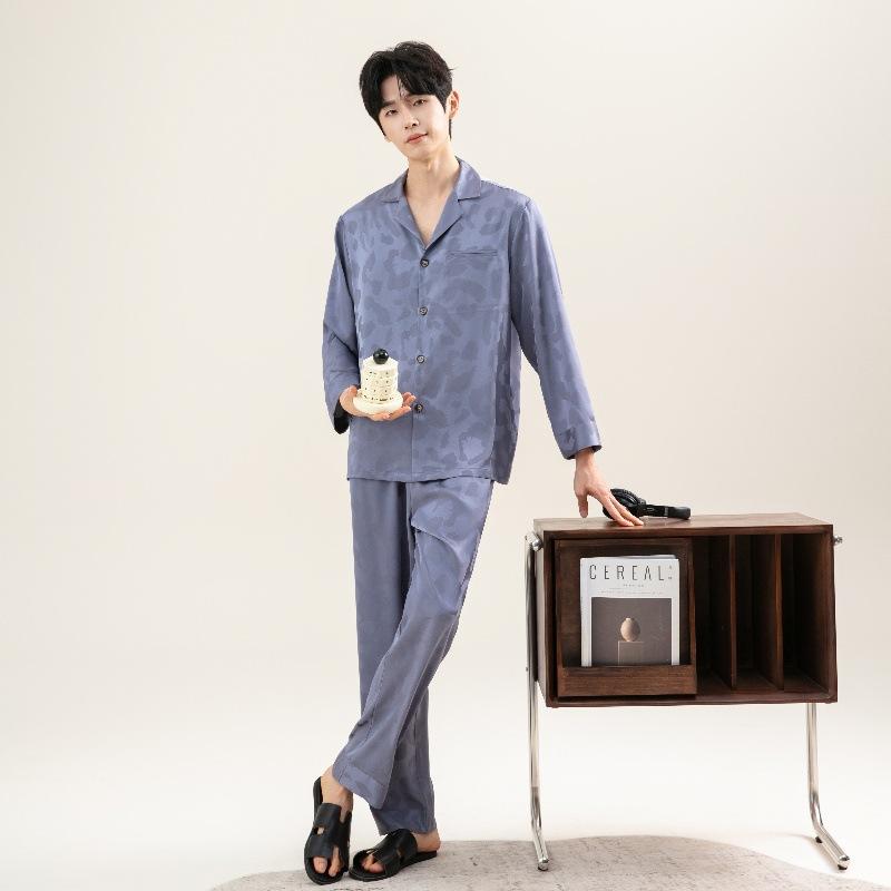 パジャマ メンズ 男性用 寝巻き 上下セット 接触冷感 長袖 長ズボン 部屋着 ルームウェア 普段使い リラックスウェア 涼しい 薄手 快適 伸縮性 ポリエステル 暗紋 ヒョウ柄 春夏・カテゴリ: セットアップ・素材: アイス・主な生地の組...