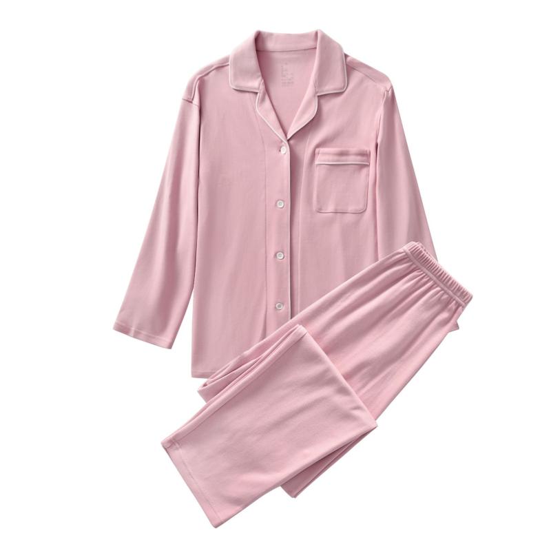 パジャマ レディース メンズ 天竺綿 ニット 上下セット Vネック 長袖 長ズボン 綿 部屋着 ルームウェア 普段使い リラックス ウェア 柔らかい 通気性 保温性 オールシーズン 快適 姜黄色 焦糖色 紫ピンク 一抹緑 浅ピンク 炭黒 藏青 浅