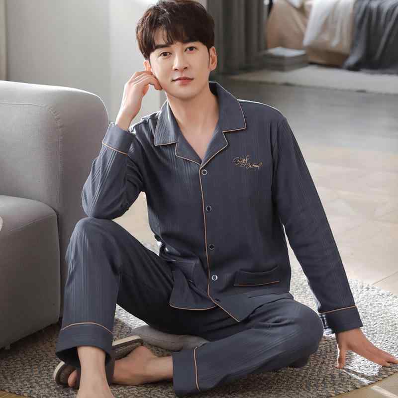 パジャマ メンズ 男性用 春秋 長袖 コットン 綿 上下セット 部屋着 ルームウェア 寝巻き 前開き 襟付き 大きいサイズ グレー 酒 красный グリーン ブルー アーミーグリーン