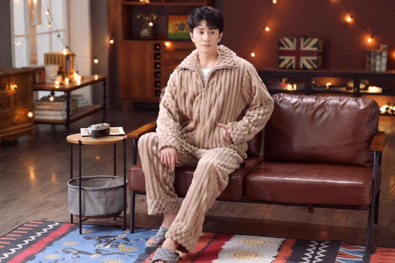 2個セットパジャマ メンズ 男性用 秋冬 加絨 厚手 暖かい 長袖 長ズボン 寝巻き 部屋着 ルームウェア 上下セット 襟付き ジッパー 前開き ポリエステル 綿 伸縮性 快適 普段使い 紺色 グレー