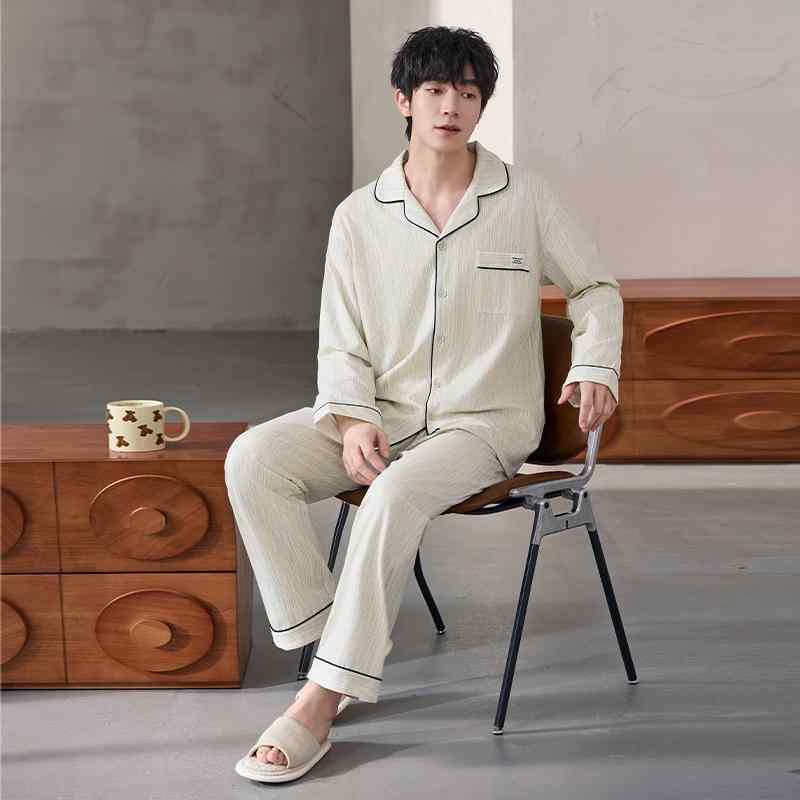 パジャマ メンズ 男性用 春秋 長袖長ズボン 上下セット コットン 部屋着 ルームウェア 寝巻き 襟付き 前開き 通気性 保温性 快適 伸縮性 秋冬