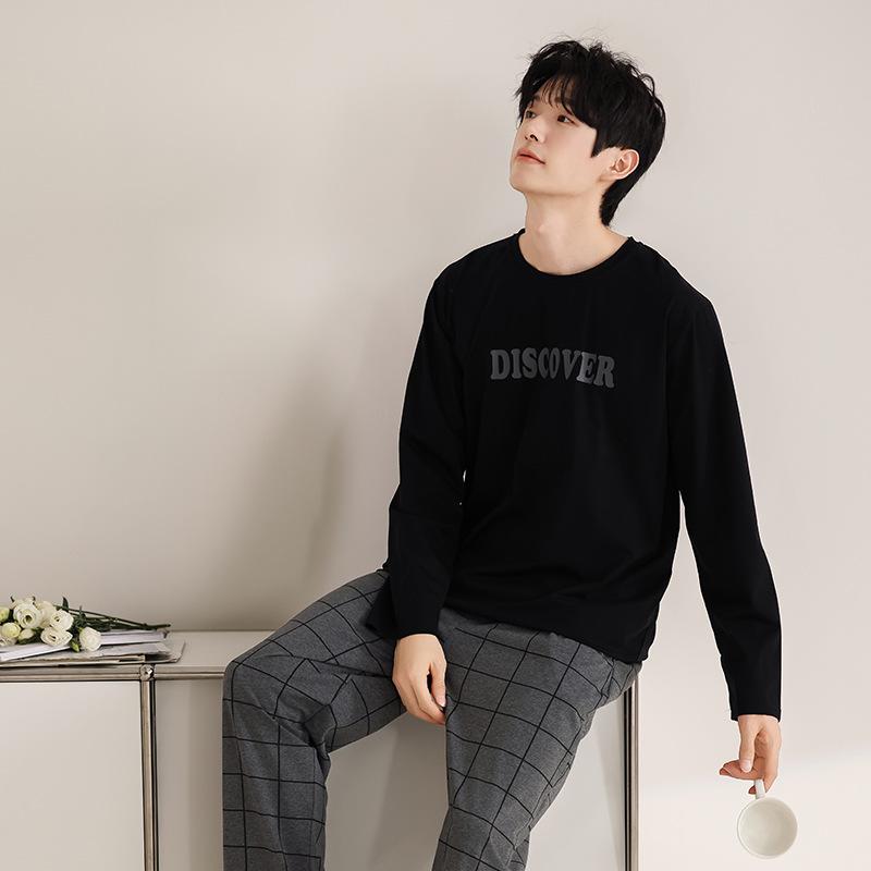 パジャマ メンズ 男性用 長袖 綿 コットン 秋 ルームウェア 部屋着 上下セット 寝巻き 丸首 グレー ブルー 紺色 伸縮性 通気性 快適 普段使い