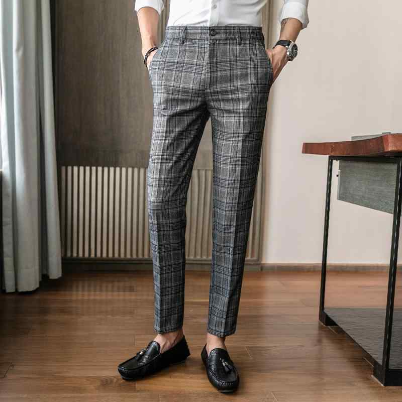 パンツ 男性用 スラックス 秋冬 ズボン チェック柄 ストレート レギュラーフィット ポリエステル 微ストレッチ 黒 グレー カーキ