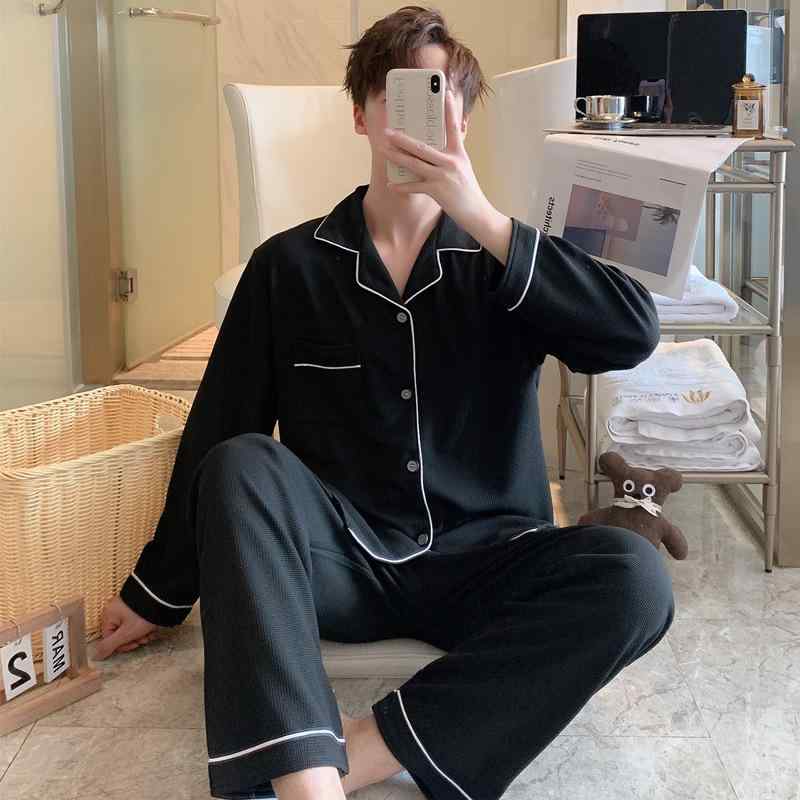 パジャマ メンズ 長袖 春秋 男性用 部屋着 寝間着 ポリエステル 開襟シャツ ズボン 上下セット ルームウェア 普段使い 中厚 格子柄 ストライプ柄 接触冷感 吸湿速乾 グレー ブラック ネイビー L XL 2XL 3XL